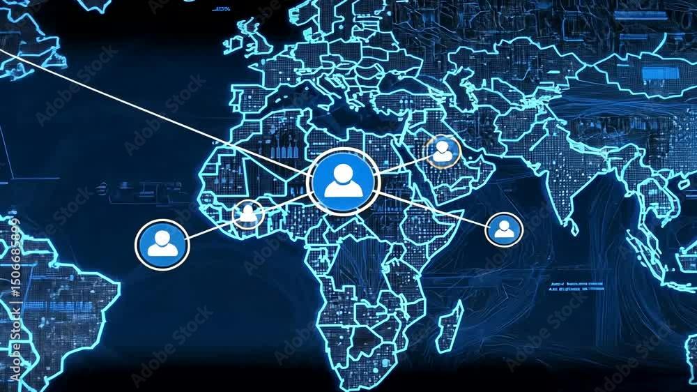 World map illustration, depicting glowing blue continents, network ...