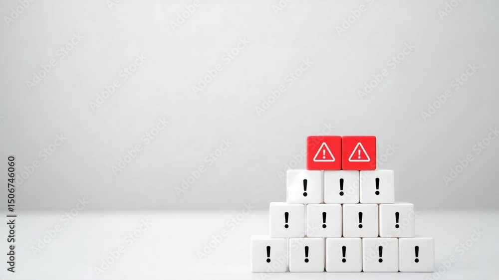 Hand placing red cube with exclamation mark on white blocks forming ...