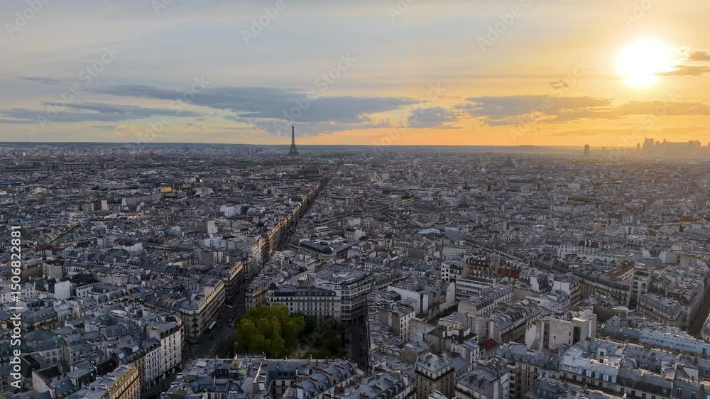 Aerial view of Paris and Seine River bridge and historical city center ...