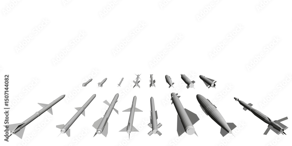 Poster A collection of different types of missiles and bombs are shown ...