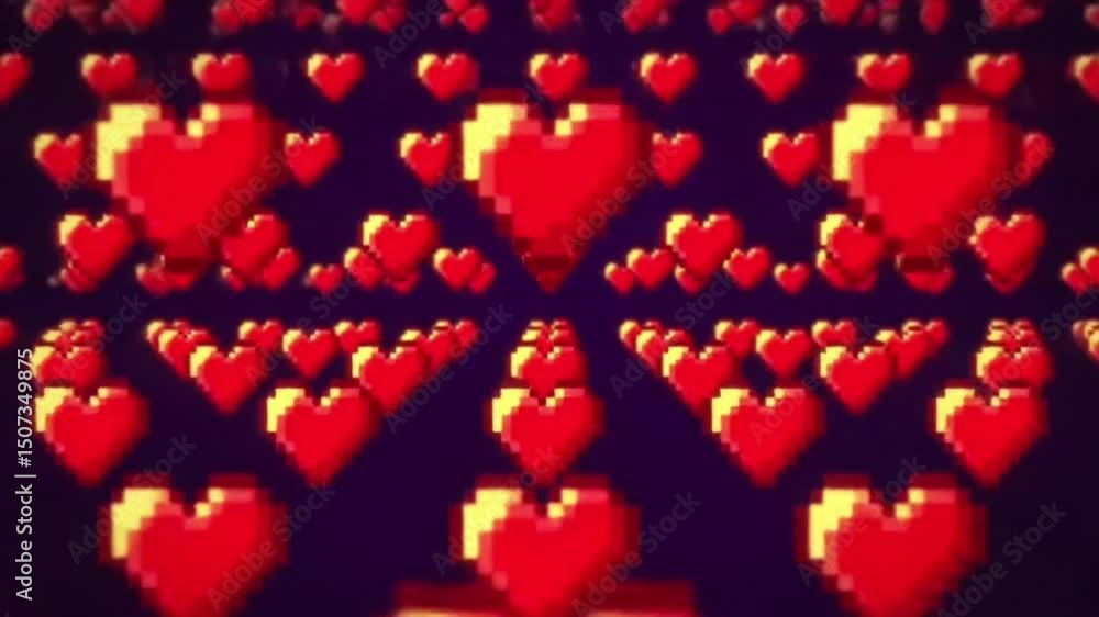 Retro pixelated red hearts floating and blinking in a grid, dark purple background, 8-bit gaming ...