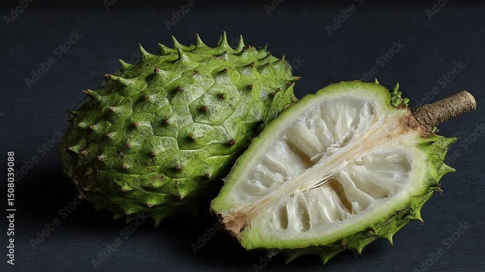 Fresh green soursop fruit cut in half on dark surface Stock ビデオ | Adobe ...
