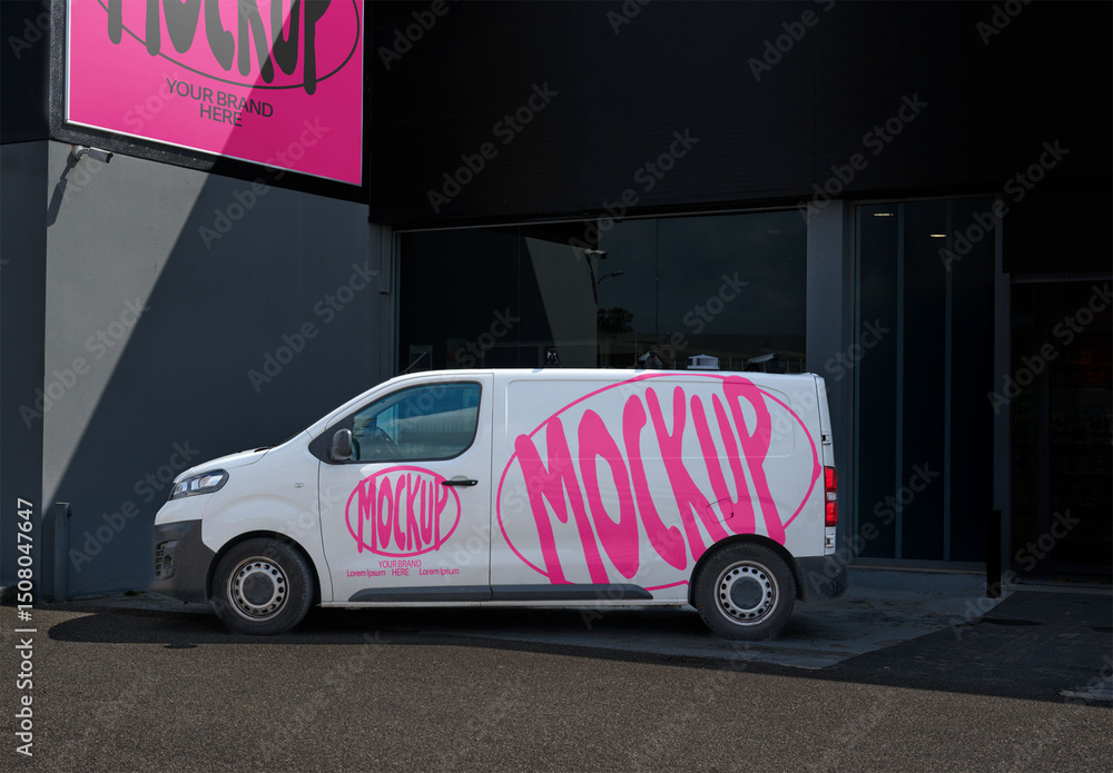 Delivery van is parked beside a storefront business. Billboard ...