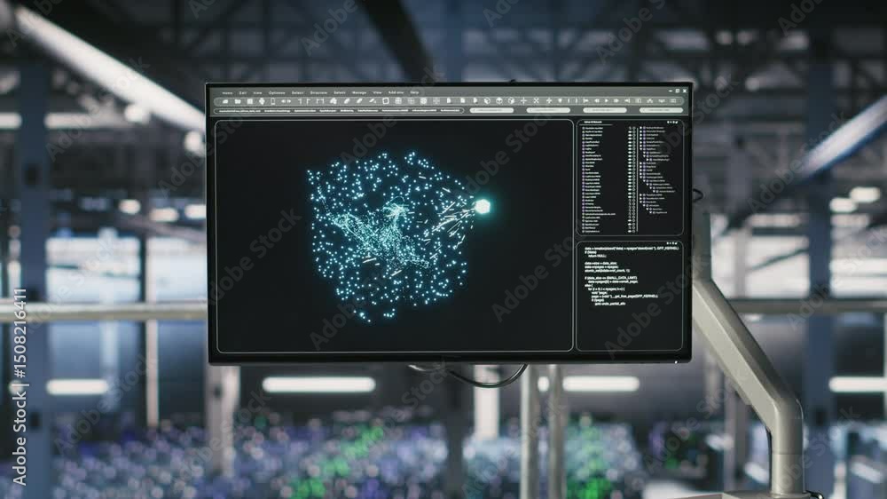Elevated industrial data center control station screen showing ...