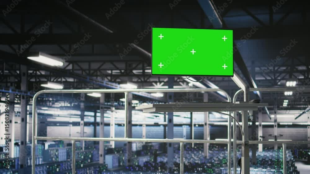 Elevated industrial data center control station green screen display ...