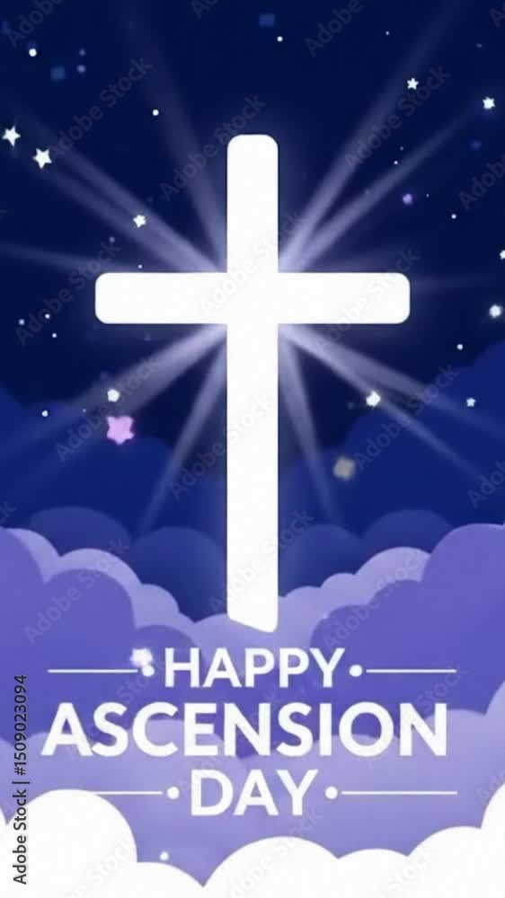 Happy Ascension Day. Ascension day of Jesus Christ. Cross on the purple ...