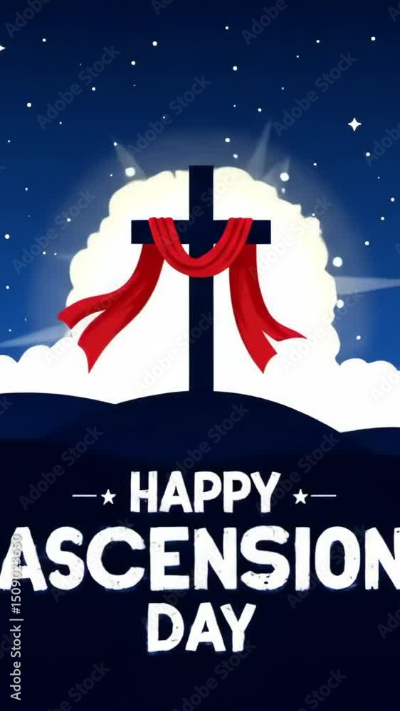 Happy Ascension Day. Ascension day of Jesus Christ. Cross on the purple ...