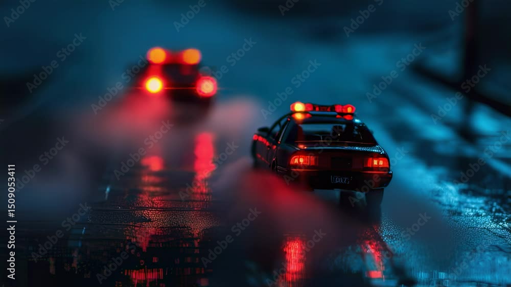 Police cars on patrol at night with flashing lights on a wet road ...