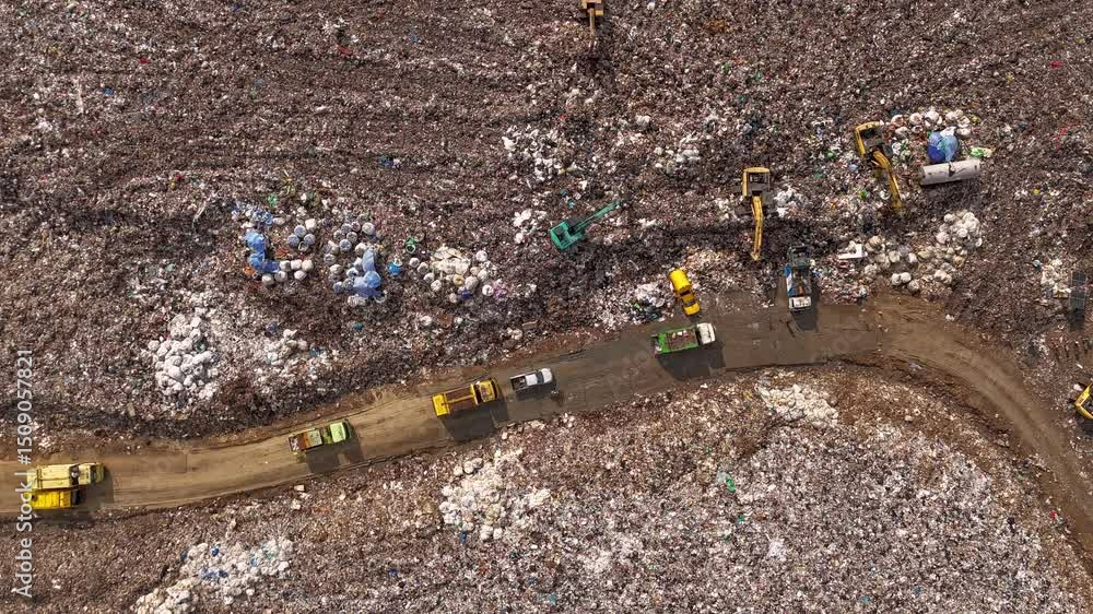 VDO 4k Aerial top view of A Huge Waste, garbage, dump, rubbish landfill ...