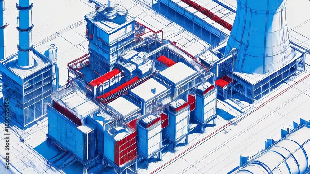video of Detailed architectural blueprint of a nuclear power plant ...