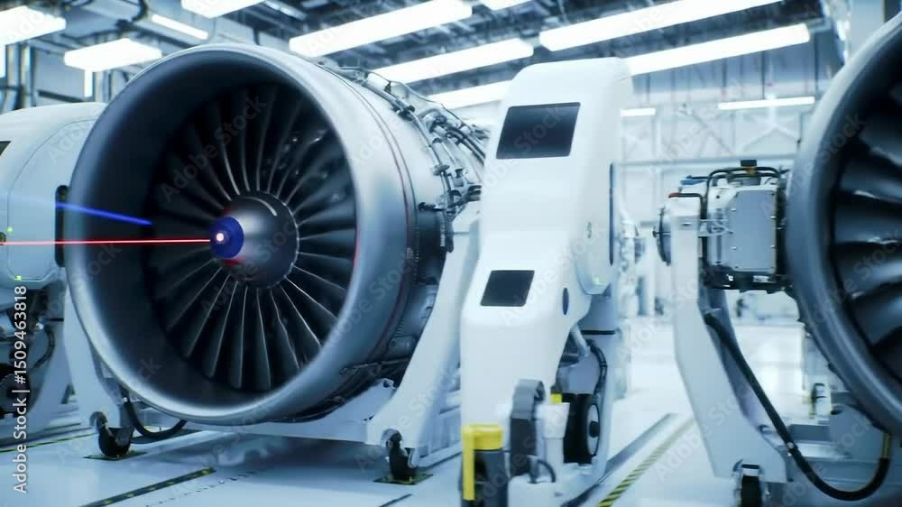 Aircraft engine testing zone featuring large turbines being scanned by ...