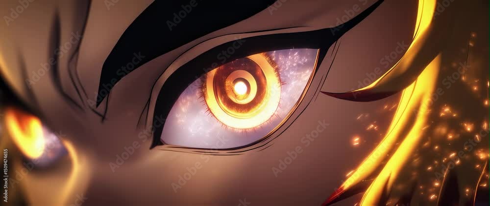 Anamorphic video Closeup of an anime character's one eye with light ...