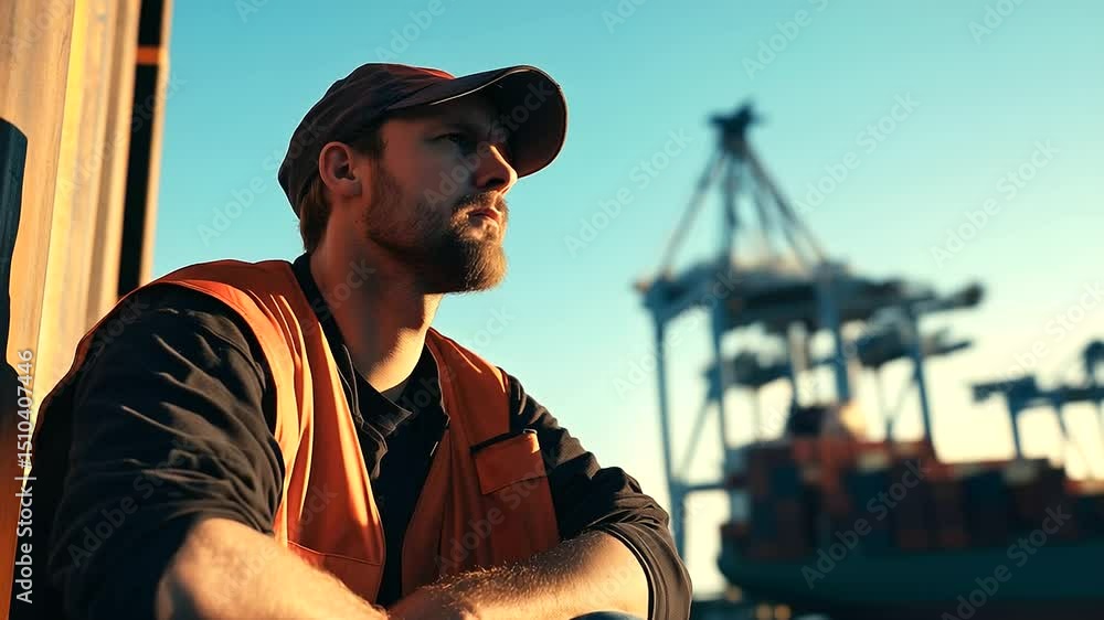 Dock worker leaning against massive bollard, watching container ship ...