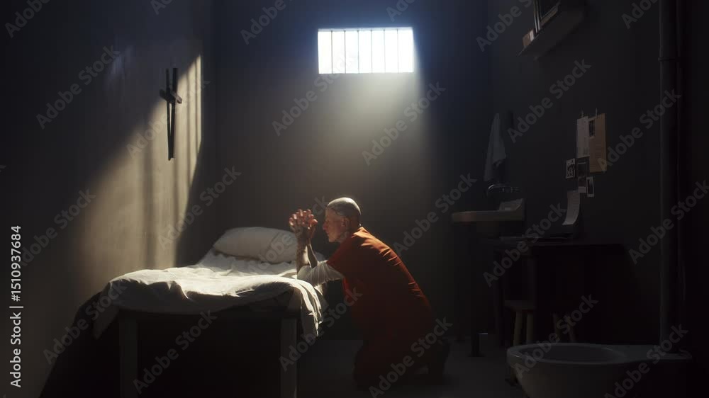 Bald tattooed inmate in orange uniform kneeling by bed, looking at ...