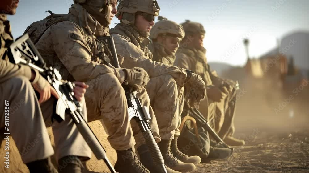 Fatigue soldiers resting with rifles after military operation in desert ...