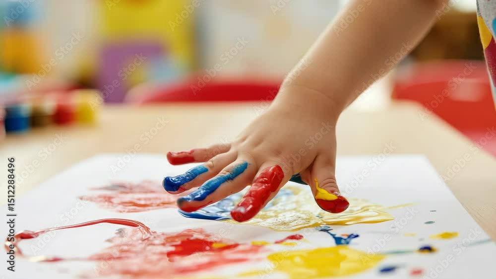 Child's hand painting with colorful finger paints on paper Stock Video ...