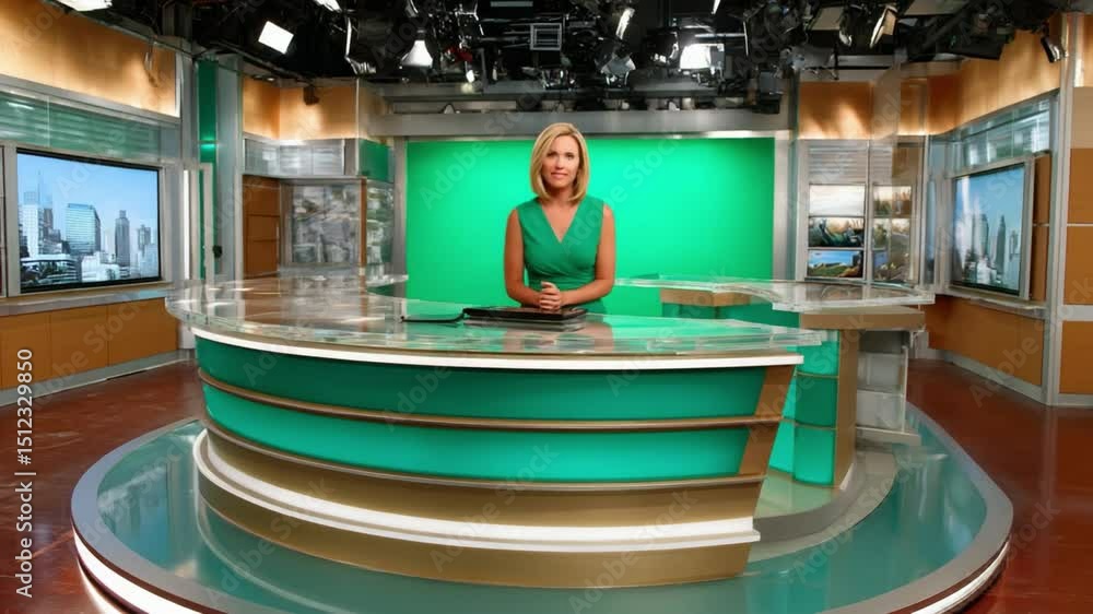 News Studio Set: A poised newscaster stands in a state-of-the-art news ...
