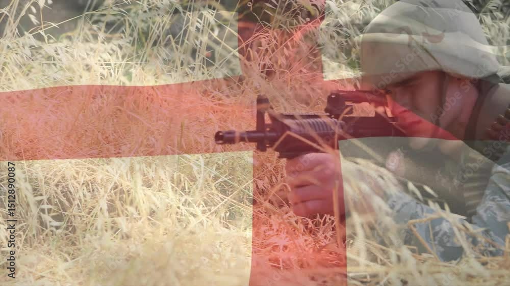 Camera panning over grass under red cross, showing military soldier ...