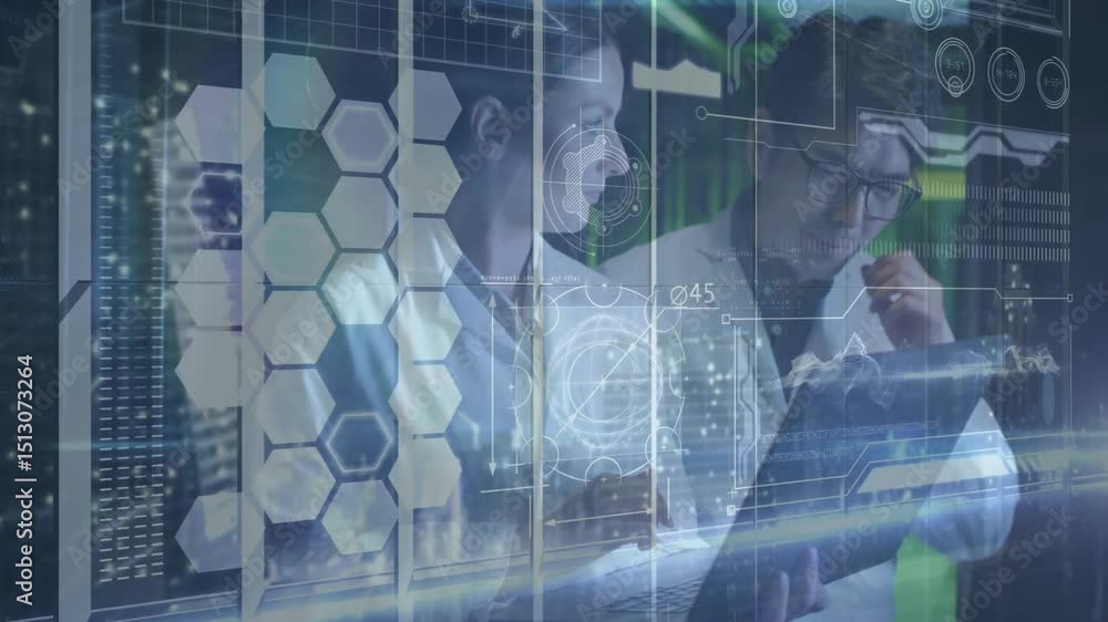 Woman scrolling tech tablet schematics as man pointing hex overlay ...