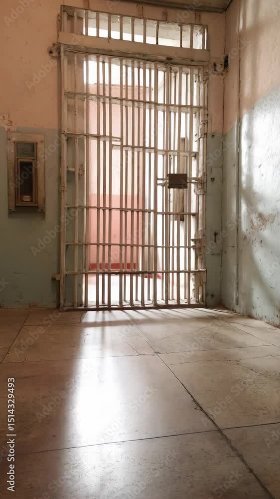 Interior of an old derelict jail cell featuring a metal barred gate and ...