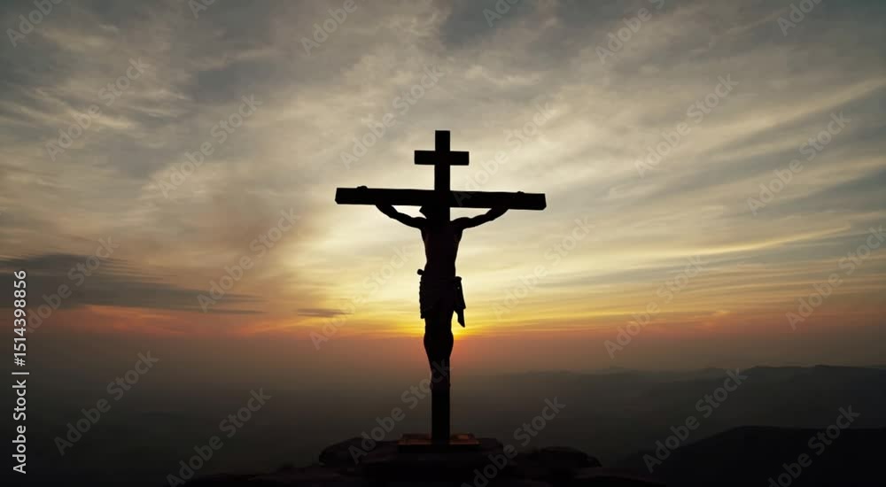 Jesus Christ crucified on the cross at Calvary with a sunset backdrop ...