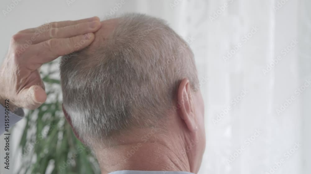 Rear view older man with bald patches on scalp, showing signs alopecia ...