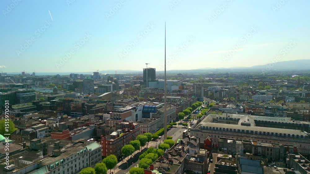 Pushing aerial video of The Spire and O'Connell Street in Dublin City ...