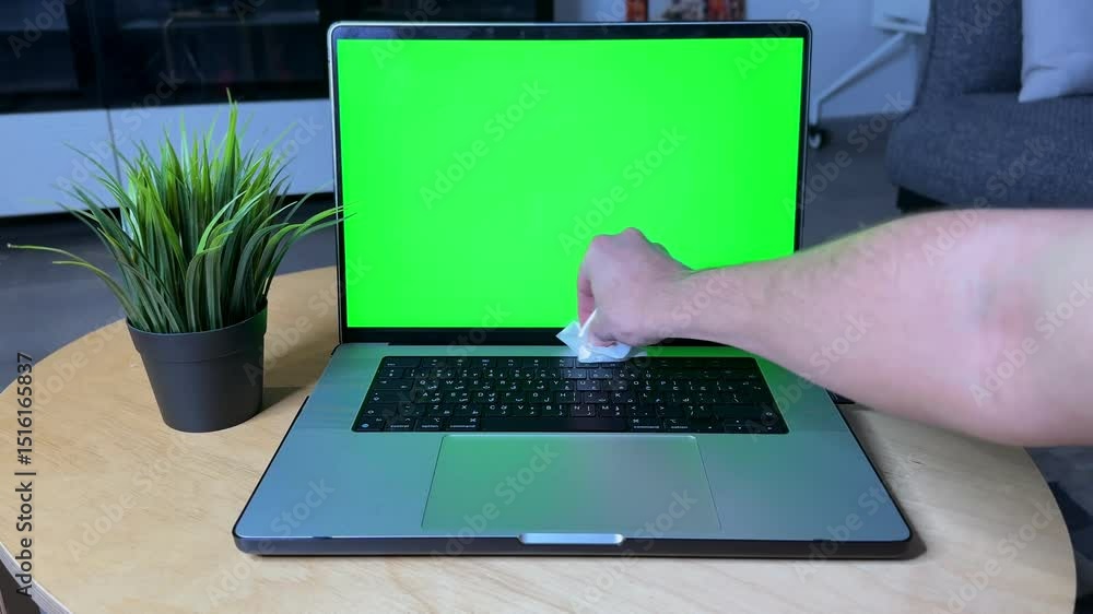 High-resolution 4K video of a person wiping a laptop trackpad with a ...