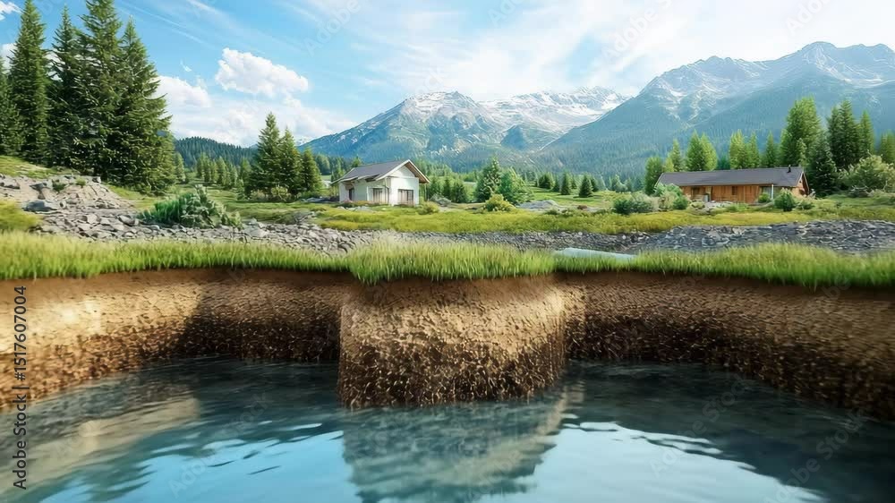 Cutaway cross-section showing layered soil above a natural water body ...