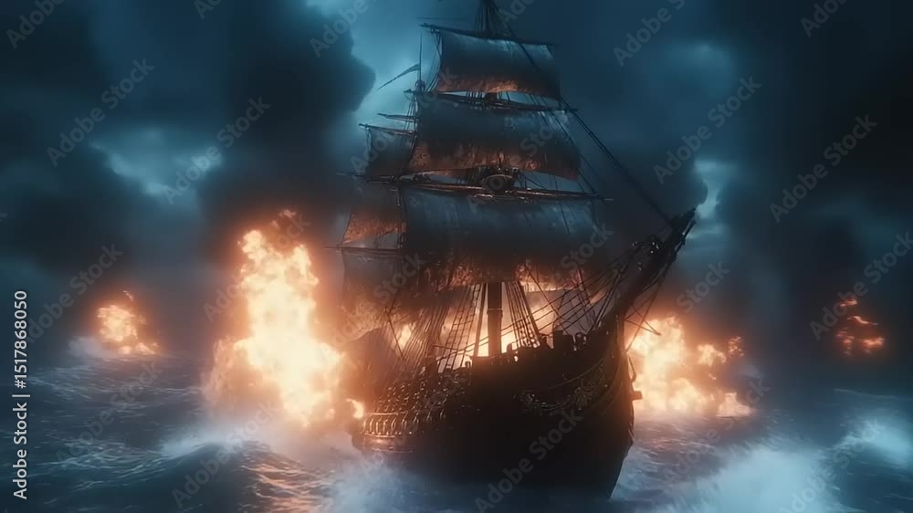 Dramatic scene of a burning pirate ship battling fierce waves in a ...