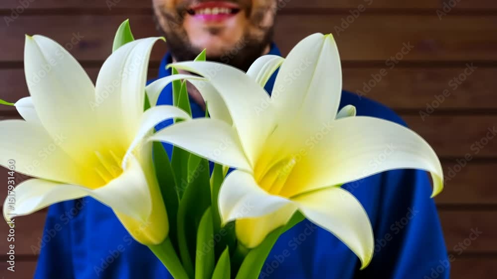 Man in love with a bouquet of white flowers of Zantedeschia aethiopica ...
