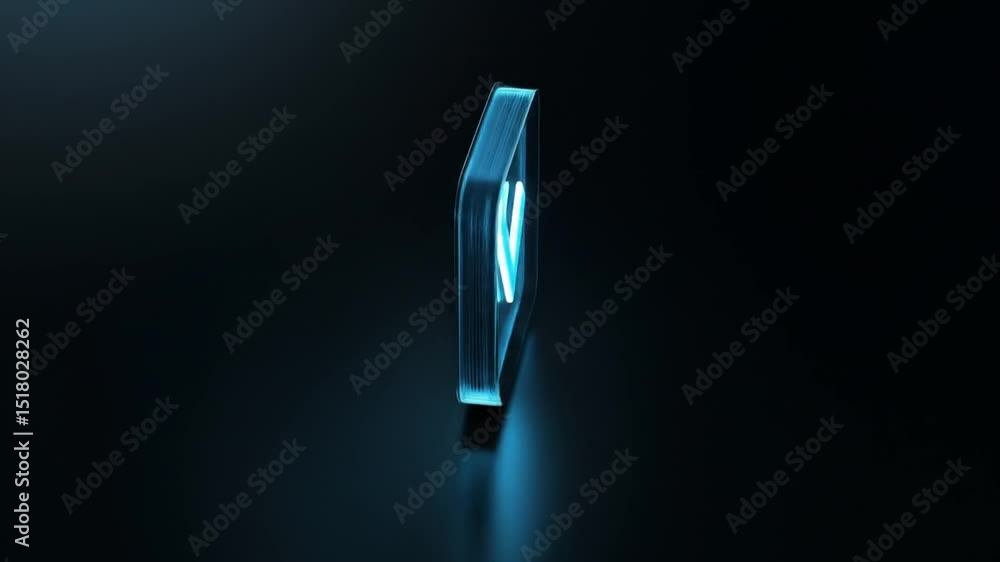 Neon blue check mark icon, square glass-like frame, dark background ...