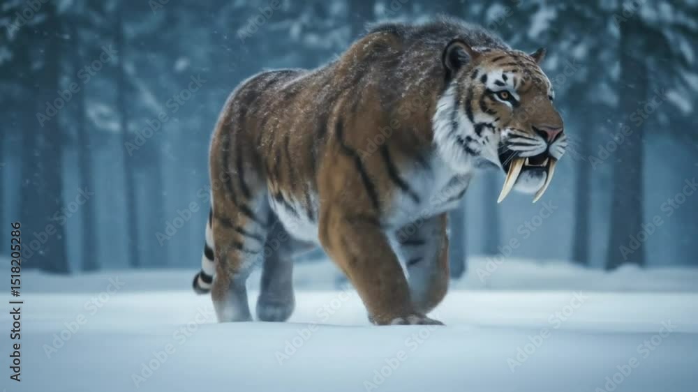 Saber-toothed cat (smilodon) prowls through a snowy forest, its ...