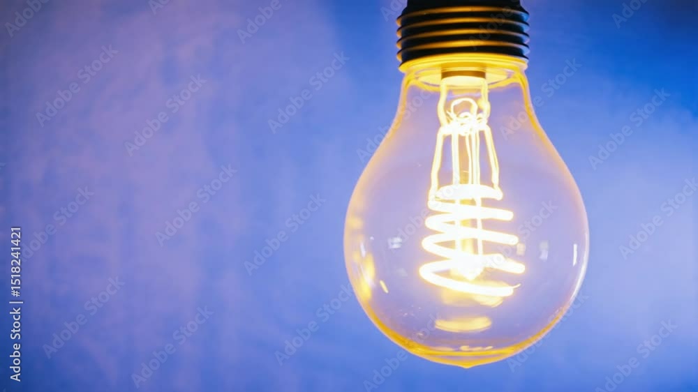 An incandescent light bulb glows in the dim blue room with an inviting ...