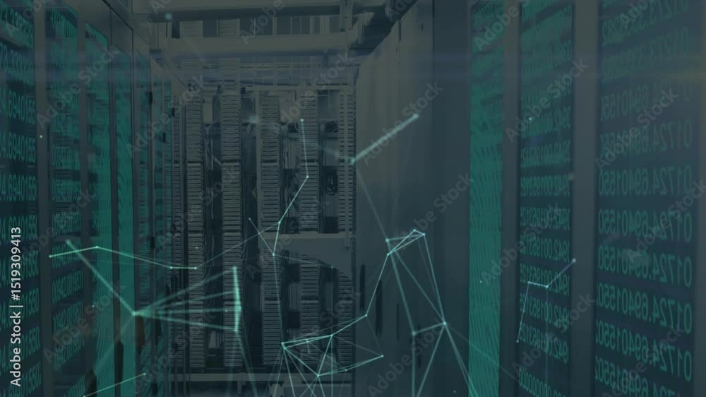 Faint lines appearing in server aisle, wireframe nodes pulsing connecting representing data ...