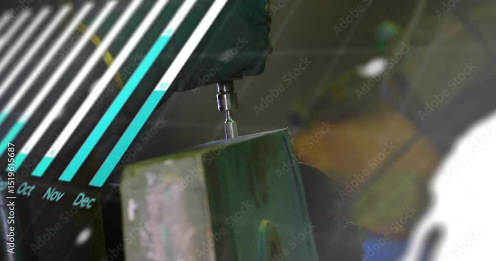 AR bar chart and command text rising over metal block, gloved probe ...