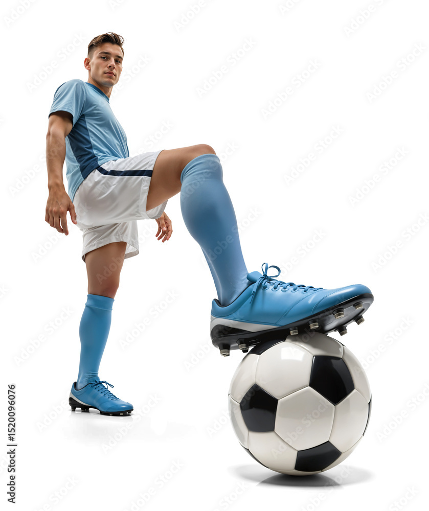 Stylish dynamic zoom pose of a soccer player with his foot on ball on ...