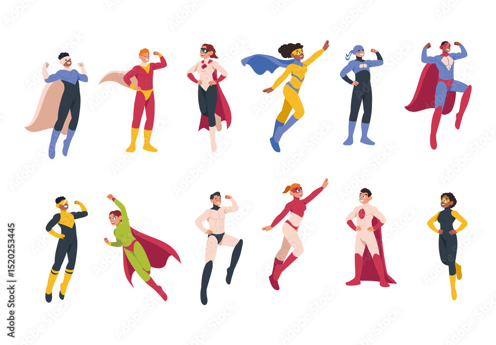 Colorful Superhero Costume Cartoon Comic Characters Illustration Set ...