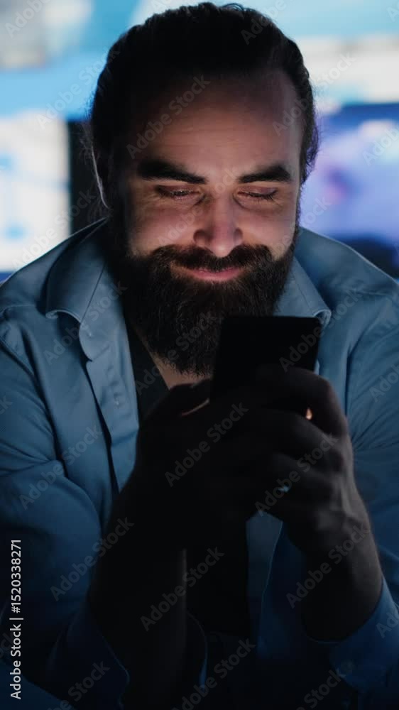 Vertical Video Stressed individual obsessively overuses his mobile ...