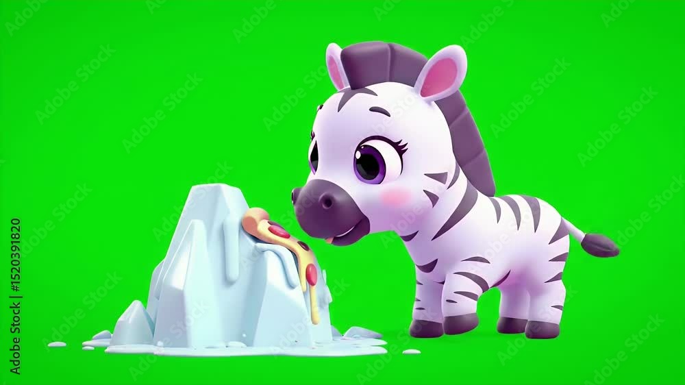 Cartoon Zebra Eating Pizza on Iceberg Isolated by Green Screen in 3D ...