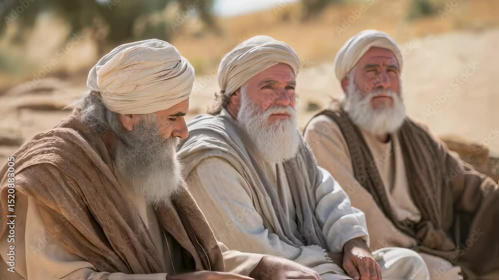 Three older men with long beards and traditional headwear sitting ...