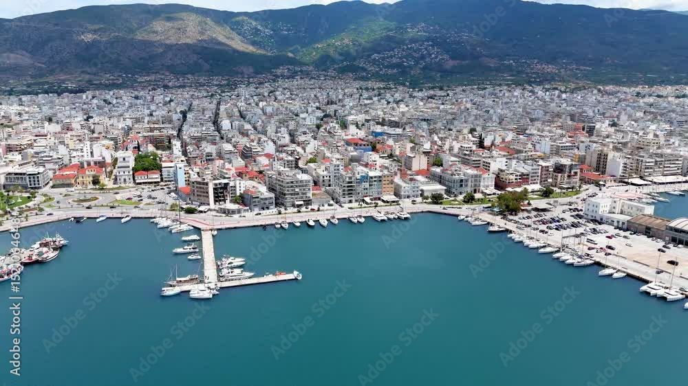 Panoramic aerial view of the skyline of Volos, Greece, with new port ...