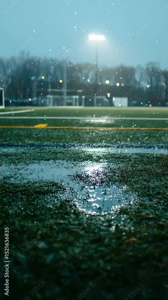 Evening practice takes place on a football field as rain falls steadily ...