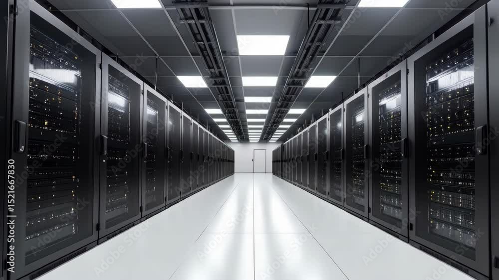 Modern server room interior featuring rows of data storage racks and a ...