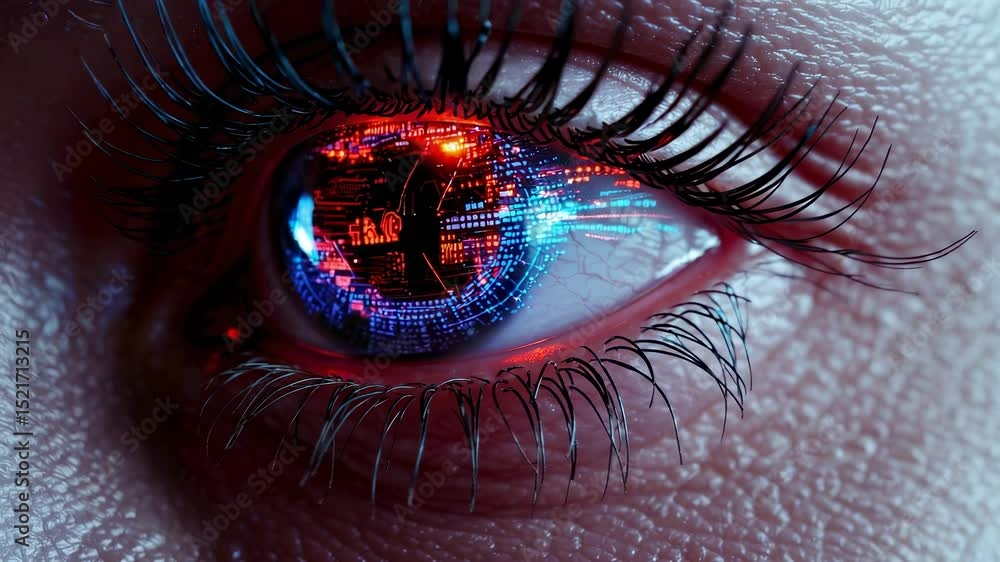 Stockvideo Side view human eye red digital interface. Eye reflects ...