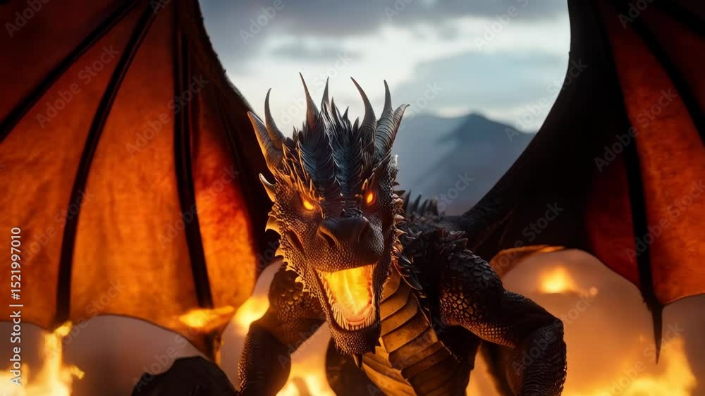 Fierce winged dragon breathing intense fire flames amid a fantasy ...