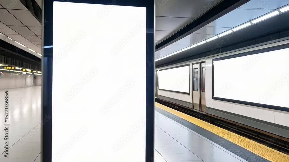 Indoor view of a modern subway platform with a train and blank ...