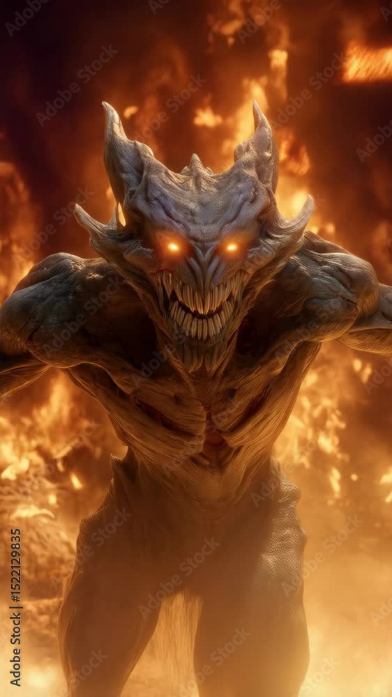 Sinister horned demon emerges from inferno, exhibiting glowing eyes and ...