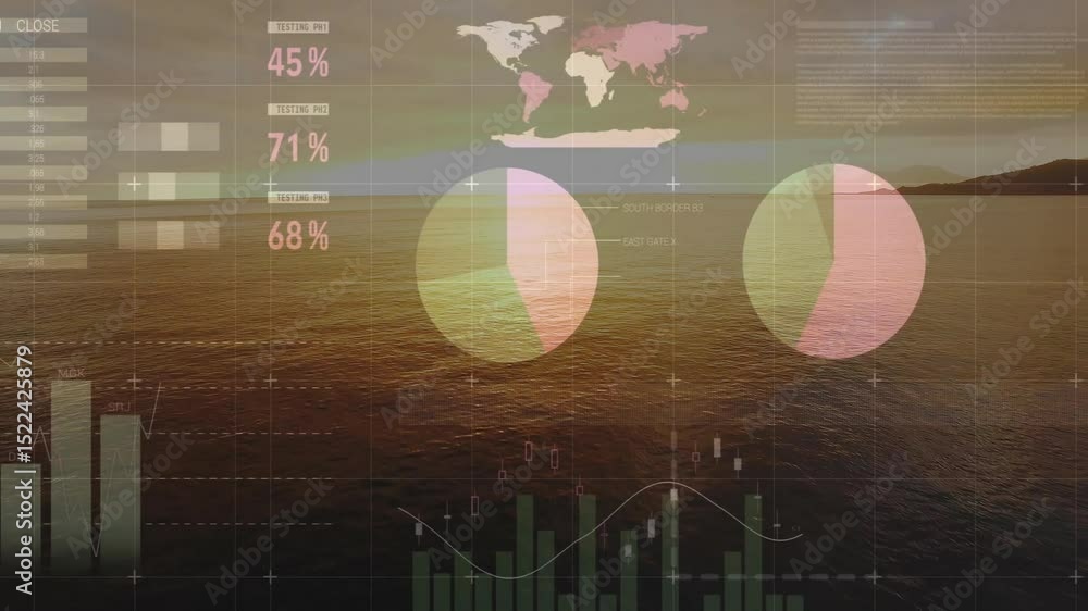 Sunset sea initiating translucent financial overlay animating data charts and maps visualizing ...