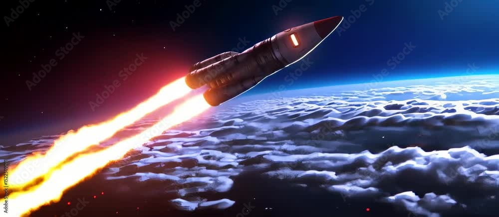 Dynamic rocket launch and propulsion animation with glowing trails and ...